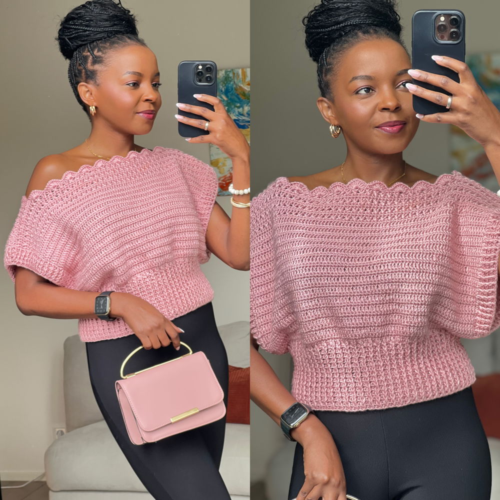 Easy Crochet Off-Shoulder X-Stitch Rib Top PDF pattern (XS–5X)